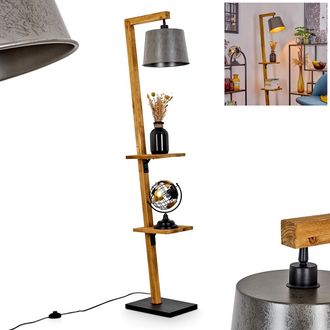 HOFSTEIN Stehleuchte Baval, moderne Stehlampe aus Metall/Holz in Schwarz/Natur/Nickel-Antik, Standlampe m. verstellbarem Schirm, Fu&szlig;schalter am Kabel u. Ablage