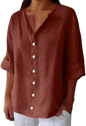 Generic HUIFUAO - Haut en Lin à Manches 3/4 pour Femme, Grande Taille, Chemisiers et Chemises dété, Confortables, Respirants, légers, col en V, Tunique bouton