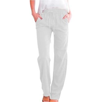 Generic Pantalon en lin pour femme Printemps &eacute;t&eacute; habill&eacute; taille haute avec cordon de serrage en coton droit Pantalon de d&eacute;tente Pantalon de plage, blanc, XXL