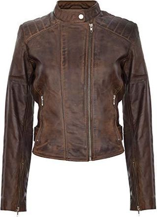 Infinity Leather Veste de Mode Zippée Ancien en Cuir Véritable pour Femme, Véritable Marron M