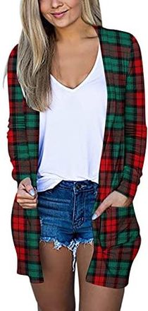 Generic Cardigan &agrave; carreaux vintage pour femme, cardigan basique ouvert sur le devant avec poches, cardigan confortable et doux &agrave; manches longues, cardigan d&eacute;