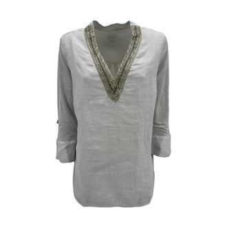 120% Lino Perlen Leinenbluse mit Perlenverzierungen - - Blouses & Shirts - Damen - Wei&szlig; - S