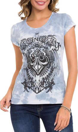 Cipo & Baxx Damen T-Shirt, Rundhalsausschnitt Kurzarm Baumwollmix Shirt, Glitzersteinchen Design, Tops für Damen, Frau Sommer Outfits, Casual Klamotten für Teenag