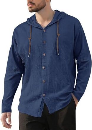 Generic Chemise en lin &agrave; capuche pour homme - T-shirt surdimensionn&eacute; en coton - T-shirt dentra&icirc;nement &agrave; boutons - T-shirt &agrave; manches longues d&eacute;contract&eacute; - Coup