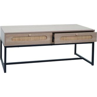 Hhg Neuwertig] Couchtisch HHG 217, Wohnzimmertisch Tisch Beistelltisch Sofatisch, Schublade, Kubu Rattan Holz Melamin, Eiche-Optik