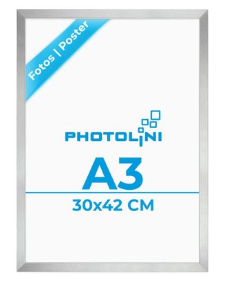 Photolini Bilderrahmen A3 Holz MDF Silber, A3 Bilderrahmen 30x42 Holz MDF, DIN A 3 Rahmen mit Acrylglas, Picture Frame 42x30 zum Aufh&auml;ngen, Rahmen 42 x 30 mit Z