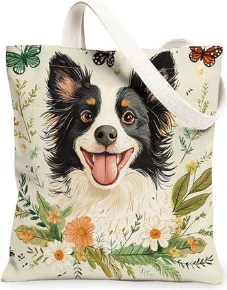 Generic Sac fourre-tout en toile motif chien border collie printanier 33 x 38,1 cm, sac d&eacute;picerie r&eacute;utilisable pour femme, peinture danimaux domestiques, d&eacute;co