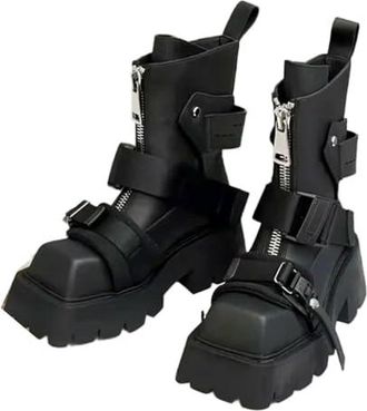 Generic QXDZSW Bottines pour femme avec fermeture &eacute;clair et boucle de ceinture Design Bottes de moto Fond &eacute;pais Semelle antid&eacute;rapante Plateforme, Noir, 40.5 E