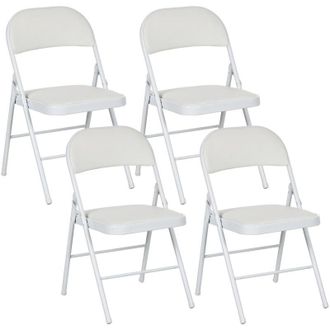 HOMCOM Lot de 4 chaises pliantes assise dossier rembourr&eacute;s acier synth&eacute;tique blanc