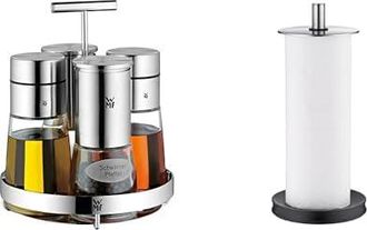 WMF De Luxe Menage-Set 5-teilig, für Salz, Pfeffer, Essig, Öl, Ständer mit 2 Essig-/ Ölspender, Salzmühle, Pfeffermühle, spülmaschinengeeignet, Silver & K