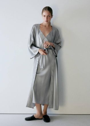 Mango Robe de chambre soie unie argent - Femme - S - MANGO