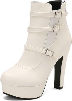 Generic Bottines à plateforme pour femme triple boucle talon bloc haut bout rond chaussures gothiques avec fermeture éclair dans le dos, blanc, 40.5 EU
