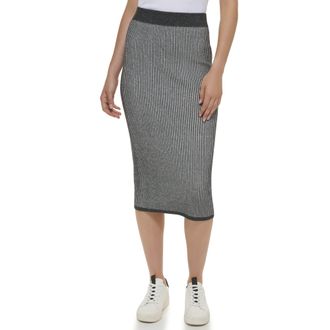 DKNY Womens Pull On Rib-Knit Midi Skirt, Black/White, XS