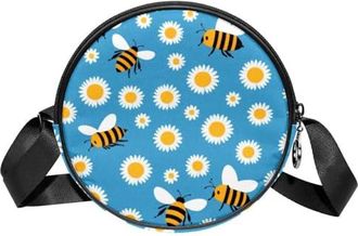 Generic Sac &agrave; bandouli&egrave;re rond pour femme, motif marguerites dabeilles, petit sac &agrave; bandouli&egrave;re avec fermeture &eacute;clair, bretelles r&eacute;glables, sac &agrave; main rond d&eacute;