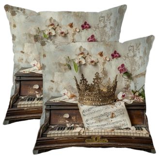 Generic Vintage-Kissenbez&uuml;ge, kunstvolle Kronen-Kissenbez&uuml;ge, 2er-Set, antikbraunes Klavierblumen-Design, dekorative Kissenbez&uuml;ge, elegante Heimdekoration f&uuml;r