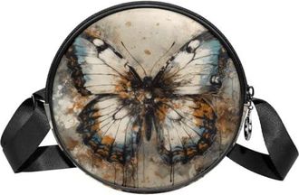 Generic Sac &agrave; bandouli&egrave;re rond pour femme, motif papillon vintage, petit sac &agrave; bandouli&egrave;re avec fermeture &eacute;clair, bretelles r&eacute;glables, sac &agrave; main rond d&eacute;contr