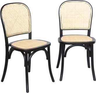 Sweeek Sweeek - Lot de deux chaises vintage noires en bois avec assise et dossier en rotin