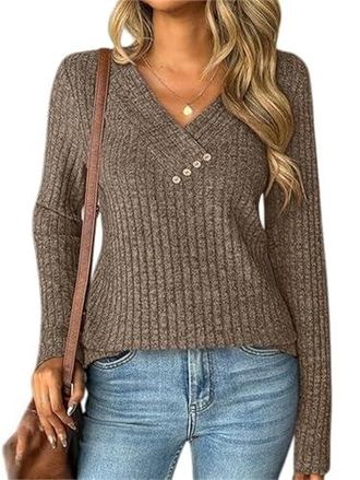 Generic Pull &agrave; col en V pour femme Printemps Automne Pull D&eacute;contract&eacute; Ample Boutons Corset Top Mode Business Work Shirts Sweatshirt, marron, XXL