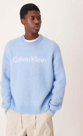 Calvin Klein Jeans Angerauter Pullover aus Alpakawolle in Babyblau mit Logo