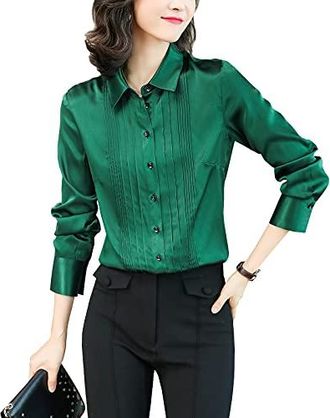 Dissa Chemise en Soie Vert Unie Manches Longues Revers Blouse À Boutons Soie Femme,M,S6619