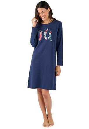Damart Chemise de Nuit de No&euml;l en Maille Jersey Pur Coton Femme Bleu Taille 46-48 (L)