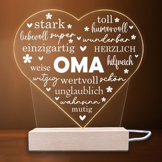 Indigos UG LED Nachttischlampe - Oma - Familie, Liebe - Herz mit Spruch, W&ouml;rtern - Nachtlicht - 3D-LED-Lampe - Deko, Weihnachten, Geburtstag - Geschenk f&uuml;r Mama,