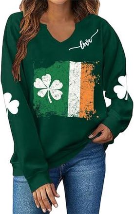 Generic Sweat-shirt de la Saint-Patrick avec imprim&eacute; tr&egrave;fle irlandais pour femme - Motif tr&egrave;fle porte-bonheur - Grande taille - Haut &agrave; manches longues - Col e