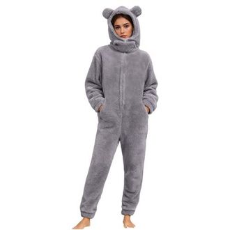 Generico Combinaison pour homme longue pyjama moelleux en polaire onesie pyjama pour homme en peluche avec oreilles dours compos&eacute; de 2 pi&egrave;ces : maillot &agrave; capuc