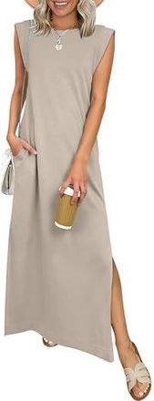 Generic Robe longue d&eacute;t&eacute; sans manches pour femme - Robe chemise ample d&eacute;contract&eacute;e &agrave; col rond - Robe boh&egrave;me d&eacute;contract&eacute;e - Pour la plage et les vacances - Poc