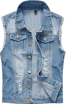 ORANDESIGNE Homme Déchiré Denim Gilet Vintage sans Manches Veste à la Mode Motard Casual C Bleu Clair XS