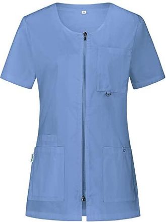 B-Well Blouse Médicale Esthéticienne Professionnelle Infirmière Femme Manches Courtes Col en V Fermeture Éclair 4 Poches