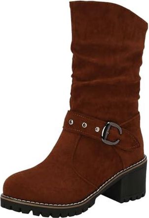 Rismart Bottes Mi-Mollet Femme Botte de Moto en Microfibre pour lhiver, Marron, 41.5