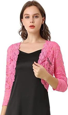 Allegra K Boléro Femme Élégant en Dentelle Floral à 3/4 Manches Cardigan Transparent à Haussement dÉpaule Boléro pour Mariage et Fête Gilet Court Léger Devant O