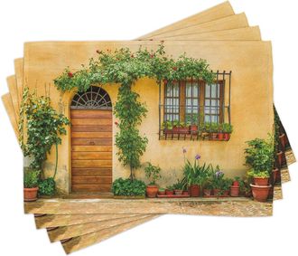 Abakuhaus Italien Platzmatten, Leben in der Stadt in der Toskana, Waschbare Stoff Esszimmer Küche Tischdekorations Digitaldruck, Grün braun