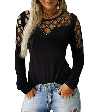 Minetom Tunika Damen T-Shirt Rundhals Langarmshirt Bluse Oberteil Mesh Aush&ouml;hlen Schulterfrei Sexy Slim Oberteil C Schwarz 50