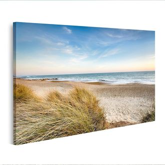 Islandburner Bild auf Leinwand Sonniger Strand mit Gras und blauem Himmel am Meer Bilder Wandbilder 80x40cm