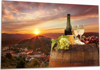 Wallario Herdabdeckplatte/Spritzschutz aus Glas, 1-teilig, 80x52cm, f&uuml;r Ceran- und Induktionsherde, Wein Romantik - Wei&szlig;wein mit K&auml;se auf einem Fass