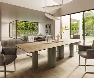 DELIFE Esstisch Edge 300x100 Keramik Laminam Sabbia Eichefarbig Pilier Metall Effektfinish Titan, Esstische