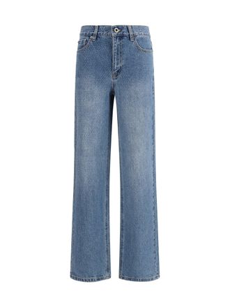 Self Portrait Womens Straight-Leg Rhinestone Jeans Blue Cotton