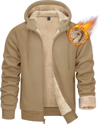 KEFITEVD Sweatjacke Herren mit Kapuze Fleece Gefüttert Jacke Warm Baumwolle Kapuzenjacke Winddicht Atmungsaktiv Sportjacke Freizeit Verdickt Outdoorjacke Khaki