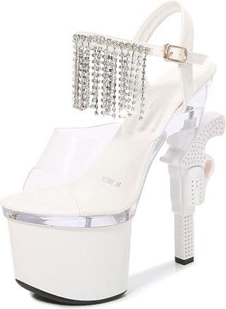 Generic Blanc,41 EU,Sandales à Talons Aiguilles pour Femmes, Plateforme, Bout Ouvert, avec chaîne en Strass, Bride à la Cheville, Chaussures de soirée de Mari