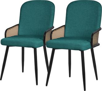 ML Design Ml-design Set Di 2 Sedie Da Pranzo Verde Petrolio, Con Rivestimento In Tessuto, Gambe In Metallo, Con Braccioli Effetto Rattan, Sedia Imbottita Da Cuc