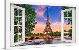 Picanova Leinwandbild 100x50cm Eiffelturm Paris Fenster - Leinwanddruck - Wandbild Kunstdruck Auf 2cm Holz-Keilrahmen Für Schlaf- Und Wohnzimmer Wanddekoration