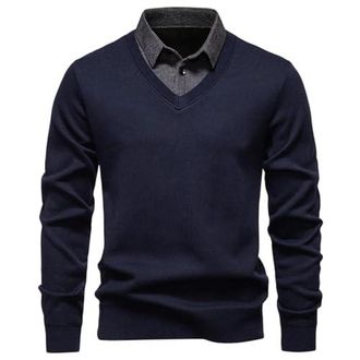 Generic Faux pulls tricotés en deux pièces pour homme, coupe ajustée, col rabattable, pull en tricot pour hommes, pulls chauds en polaire, bleu marine, 3XL