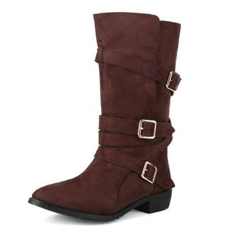 Generic Bottes de cowgirl occidentales &agrave; bout pointu &agrave; talons bas pour femme - &Agrave; enfiler - Avec sangles &agrave; boucle - Chaussures habill&eacute;es dhiver d&eacute;contract&eacute;es, 
