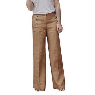Generic Pantalon Lin Femme Blanc D&eacute;contract&eacute; Fluide Pantalon Large en Coton et Lin pour Femmes Couleur Unie Taille Haute Bouton D&eacute;contract&eacute; Vetement Femme Lar