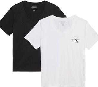 Calvin Klein T-Shirts Manches Courtes Lot de 2 Femme Logo Tee avec Col en V, Multicolore (Black / Brilliant White), XL