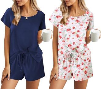 Ekouaer Femme Pyjama Manche Court Ensembles de Pyjama Détente Doux Vêtements de Nuit Col Rond Pyjashort 2 Pièce, Marine+Fleurs2, XL