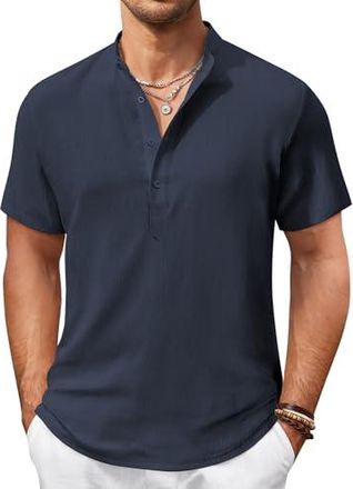 Coofandy Chemisette Été Homme Henley Col V Manches Courtes Plage Vacances Casual Légère Respirante Chemise Décontractée Tropicale Bleu Marine XL
