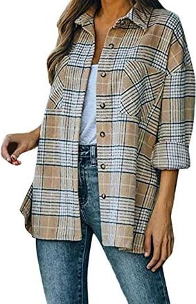 Generic Vestes pour femmes 2026 en flanelle &agrave; carreaux l&eacute;gers et minces, chemises raglan &agrave; manches longues boutonn&eacute;es sur la poitrine, manteaux &agrave; poches, kaki